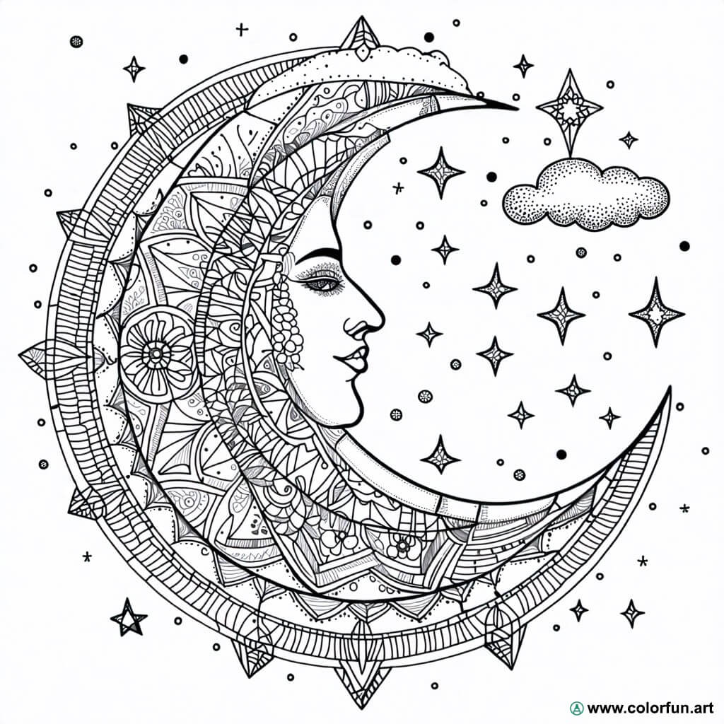 Coloriage de la lune en mandala à Télécharger ou à Imprimer gratuitement
