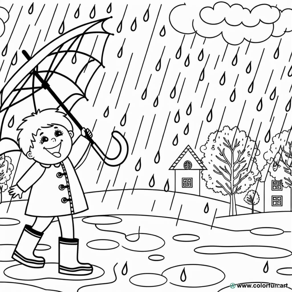 Coloriage de pluie avec parapluie à Télécharger ou à Imprimer gratuitement