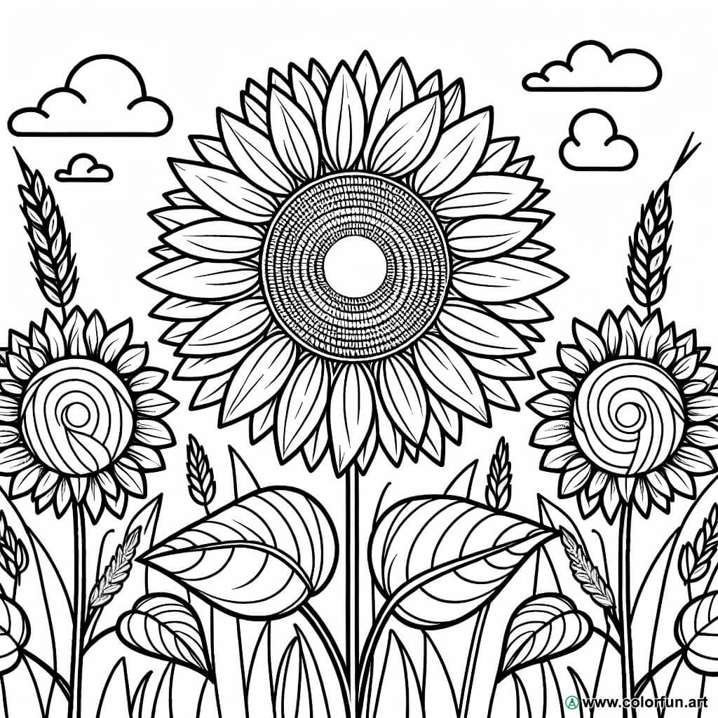 Coloriage d'un tournesol fleuri à Télécharger ou à Imprimer gratuitement
