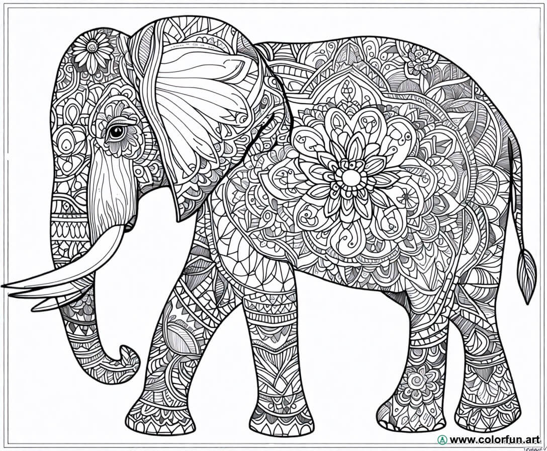 Coloriage d'un éléphant mandala à Télécharger ou à Imprimer gratuitement