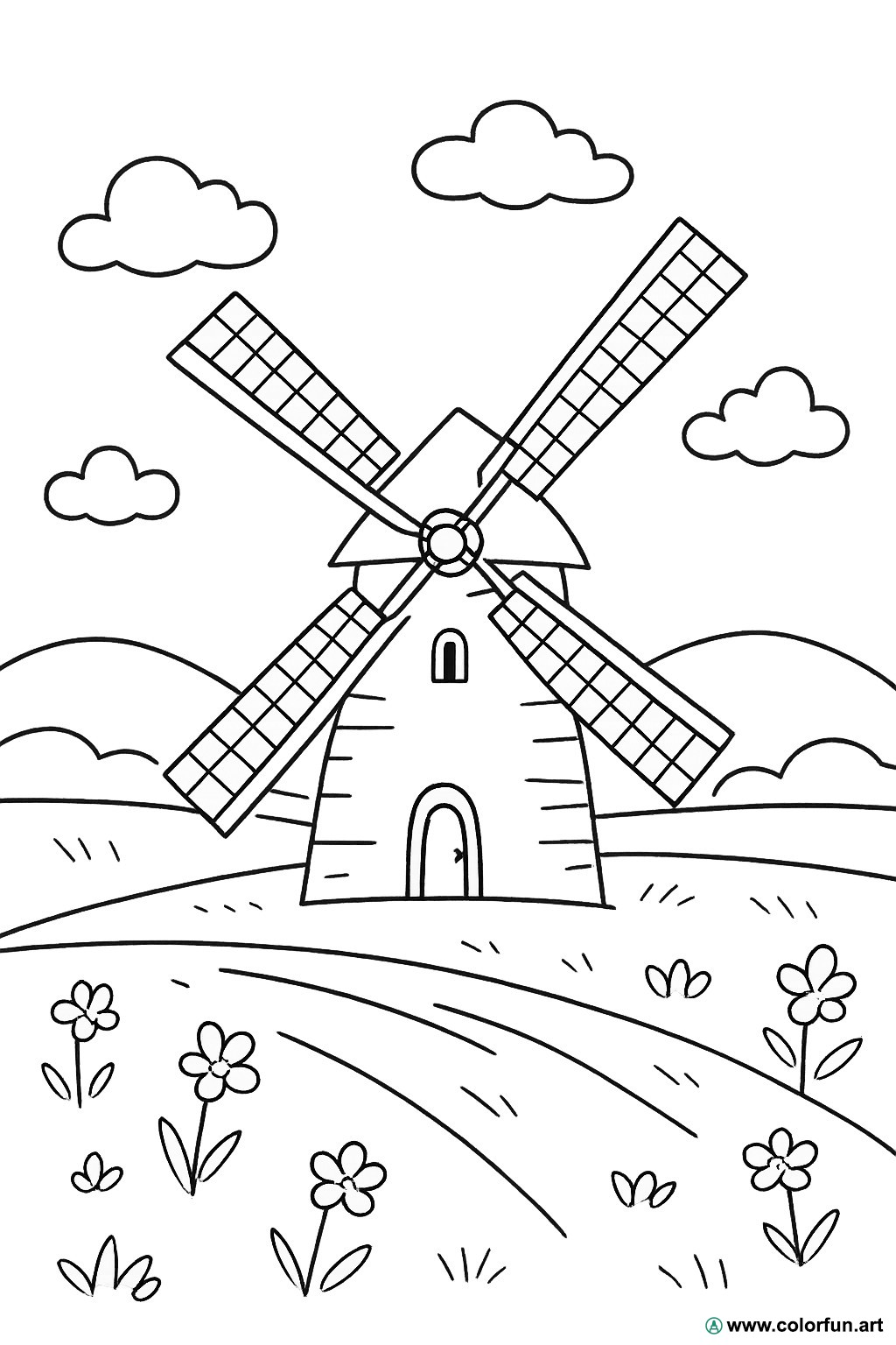 Coloriage d'un paysage avec un moulin à vent à Télécharger ou à ...