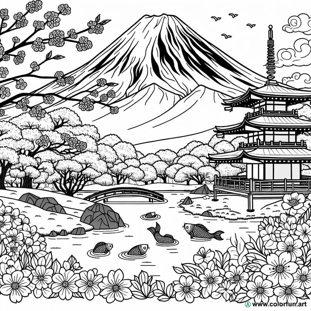 Coloriage d'un paysage japonais à Télécharger ou à Imprimer gratuitement
