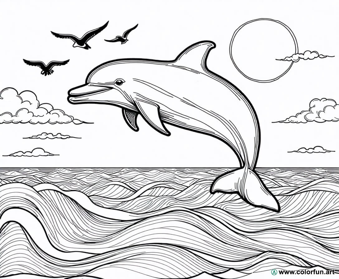 Coloriage d'un dauphin au coucher de soleil à Télécharger ou à Imprimer ...