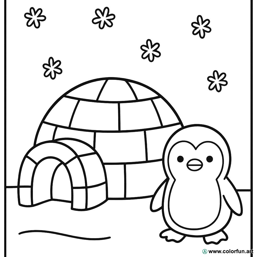 Coloriage d'igloo avec pingouin à Télécharger ou à Imprimer gratuitement